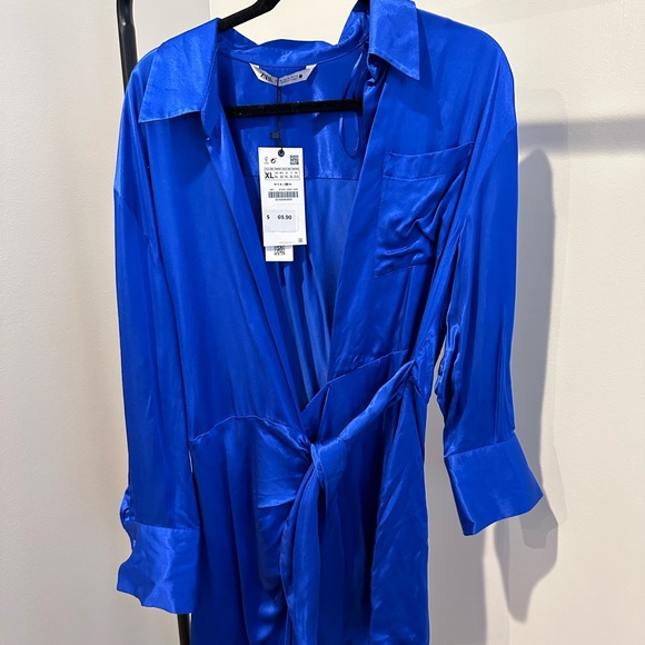 Zara | Dresses | Zara Cobalt Blue Satin Shirt Dress New With Tags ...